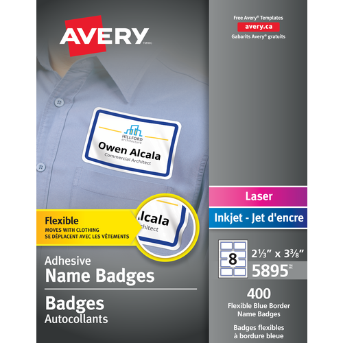 Avery Flexible Name Badges, 05895, 3-3/8" x 2-1/3", Blue Border