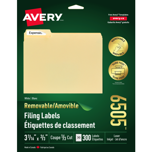 Avery® 06505 - Removable Filing Labels , 3-7/16" x 2/3", Rectangle, White