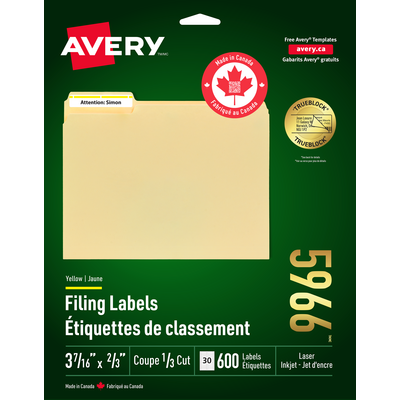 Avery® 05966 - Filing Labels , 2/3" x 3-7/16", Rectangle, Yellow
