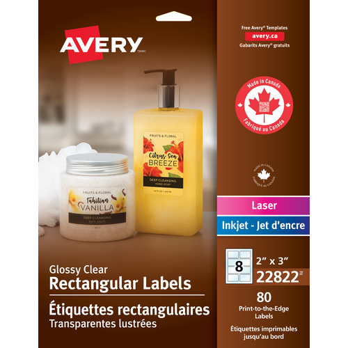 Avery Glossy Clear Rectangular Labels , 22822, 2" x 3", Print-to-the-Edge