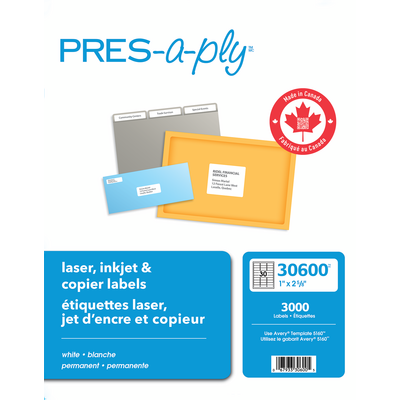 Avery® 30600 - PRES-a-ply™ Address Labels, 1" x 2-5/8", Rectangle, White