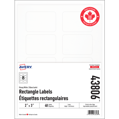 Glossy White Rectangle Labels, 2" x 3", 8up